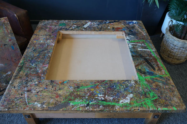 Handmade Large Square Coffee Table Hidden Compartment Paint Splattered ...